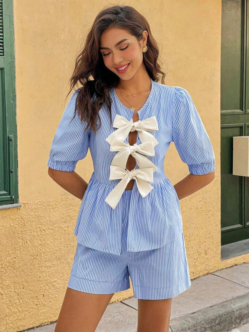 Blue Bow Stripe Short Set